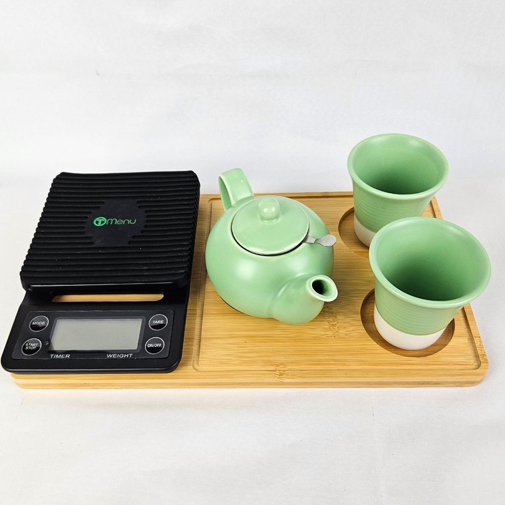 Green Ceramic Tea Set, Bamboo Tray and Digital Scales – Tea Journeys